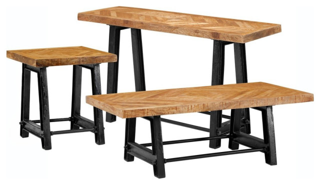 72" Rustic Industrial Style Cast Iron Base Dining Bench Parquet ...