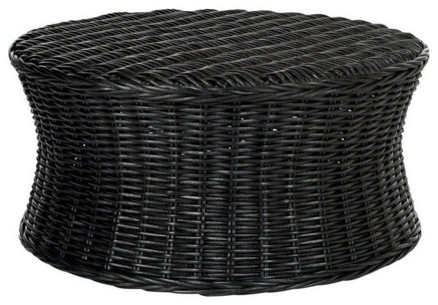 Rustic Black Ottoman: Wicker & Wood Blend, Versatile Round Design ...