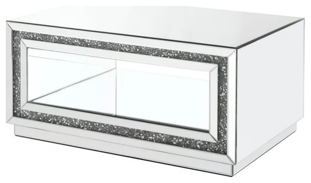 Mirrored Rectangular Coffee Table, Open Shelf, Faux Diamond Inlay ...