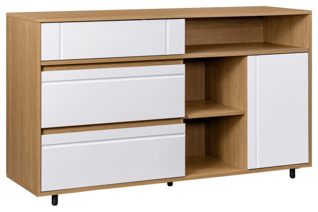 Contemporary Sideboard, Multiple Storage Drawers & Open Cubbies, White ...