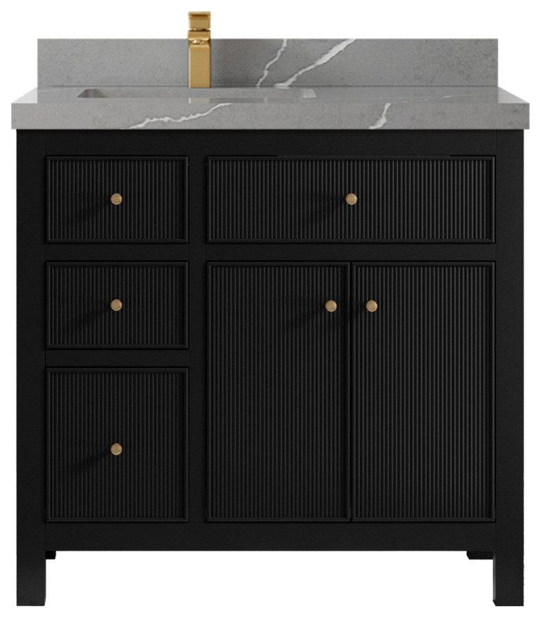 Sonoma 36 Left Offset Reeded Bath Vanity in Black 2" Piatra Gray ...