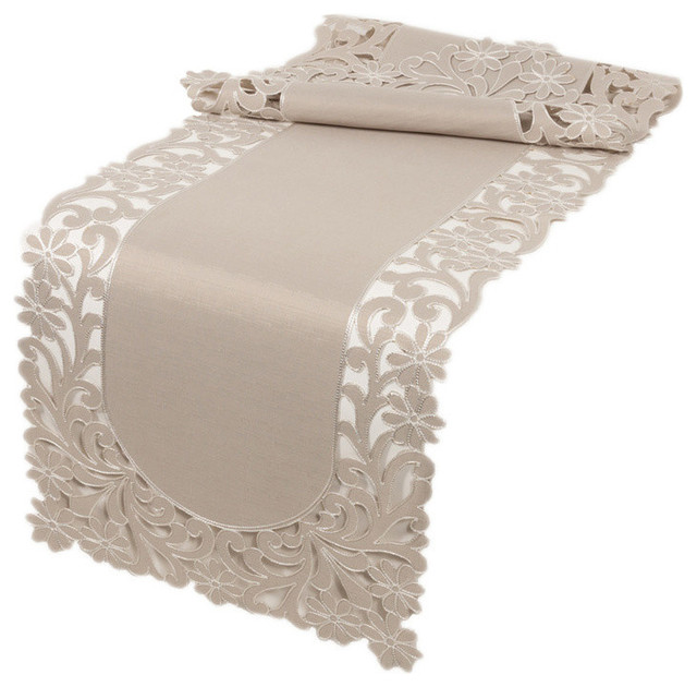 Florence Floral Cutwork Trimed Edge Table Runner, Taupe, 16"x 36", 16 ...