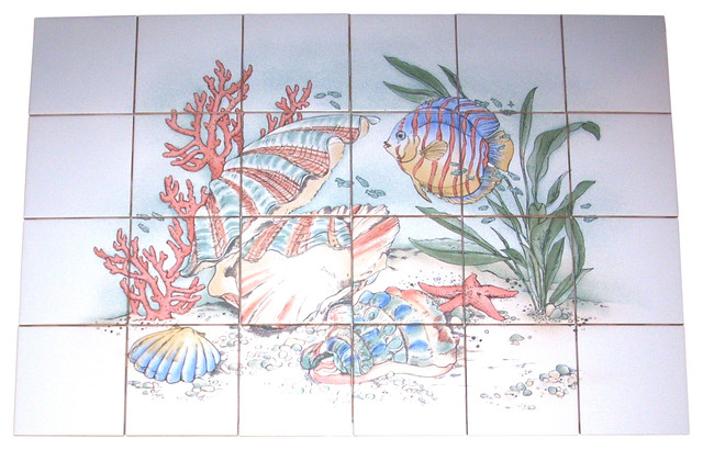 Fish Ceramic Tile Mural Star Fish Sea Shells Coral Backsplash, 24-Piece ...
