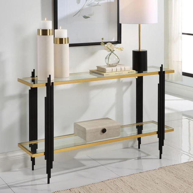 Empire Console Table, Gold Leaf and Matte Black with Clear Glass ...