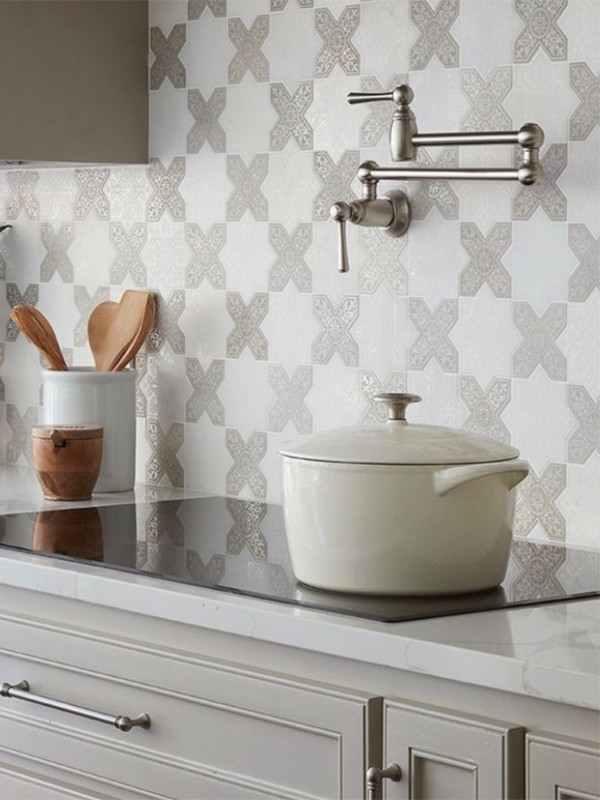 Star and Cross Stone Tile Backsplash In Modern Farmhouse Kitchen Design ...