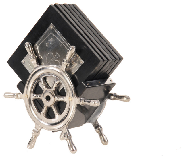 Set Of 6 Playing Card Coasters On Ships Wheel Stand - Beach Style ...