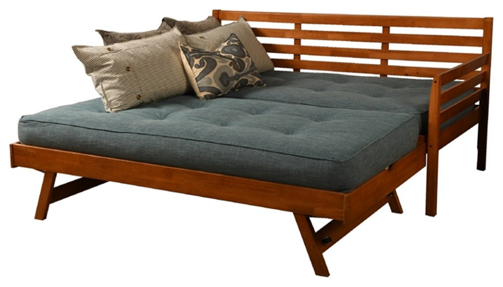 Bowery Hill Wood Daybed/Pop Up Bed in Brown w/ Linen Mattress ...
