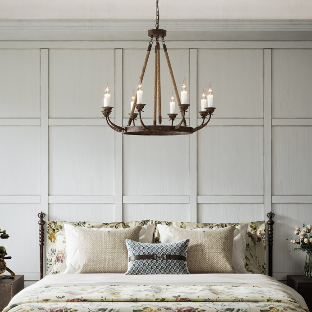 Rustic Flaxen Hemp Rope & Metal 8-Light Round Candelabra Chandelier in ...