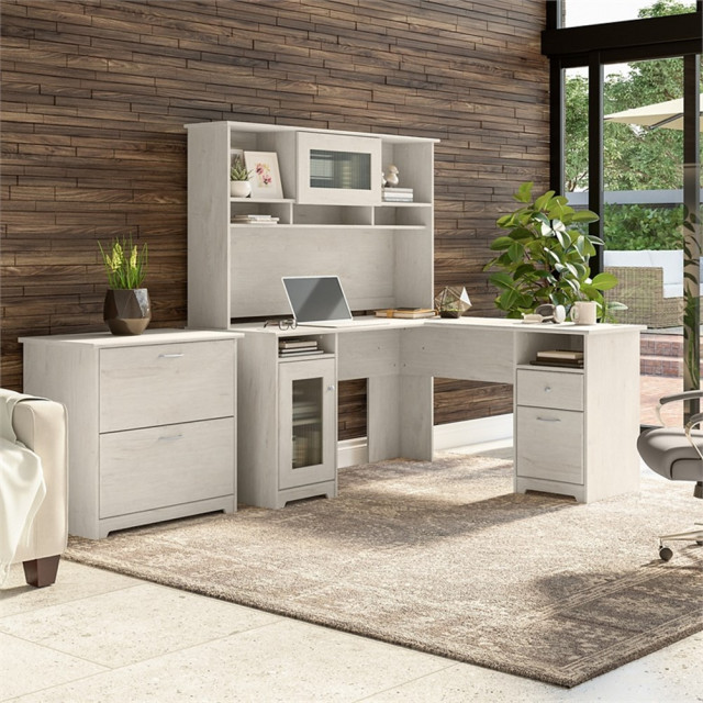 Pemberly Row Engineered Wood L Desk w/ Hutch & File Cabinet in Linen ...