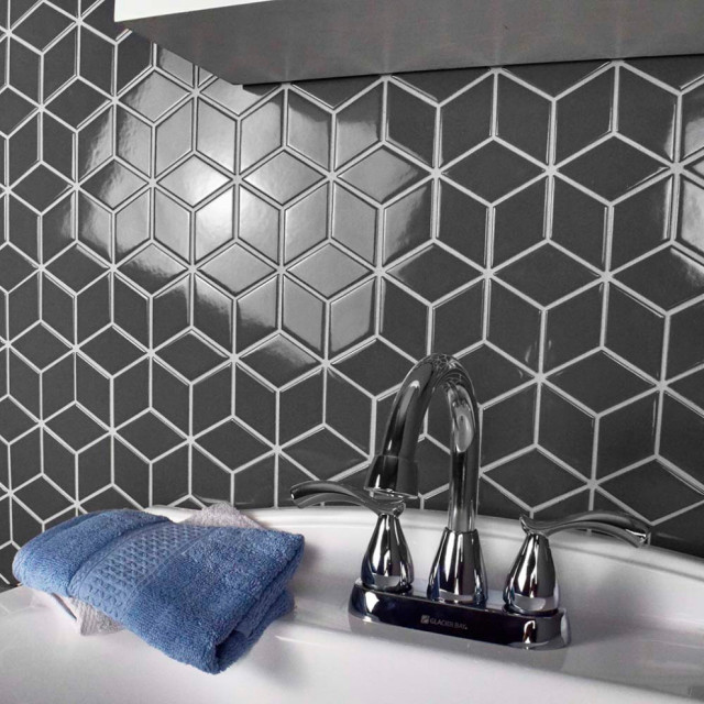 Metro Rhombus Mosaic Floor and Wall Tile, Glossy Grey, Sample ...