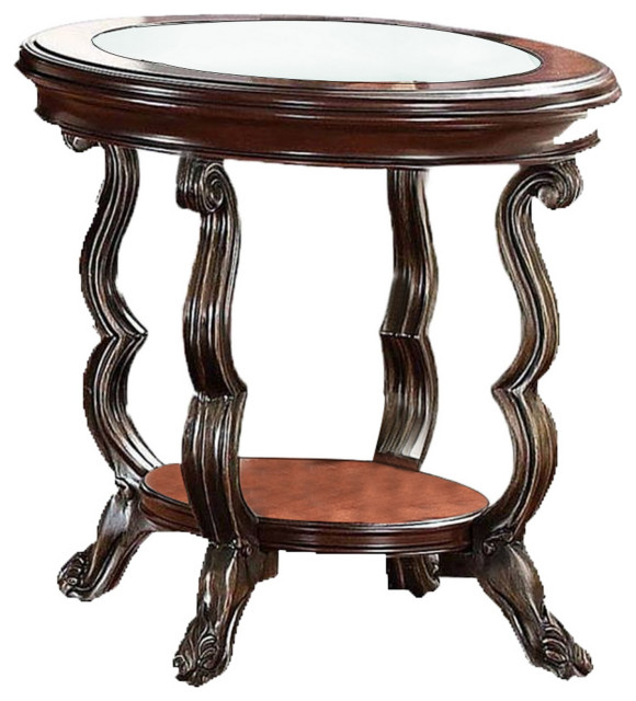 Traditional Style Wooden End Table with Round Glass Top, Brown ...