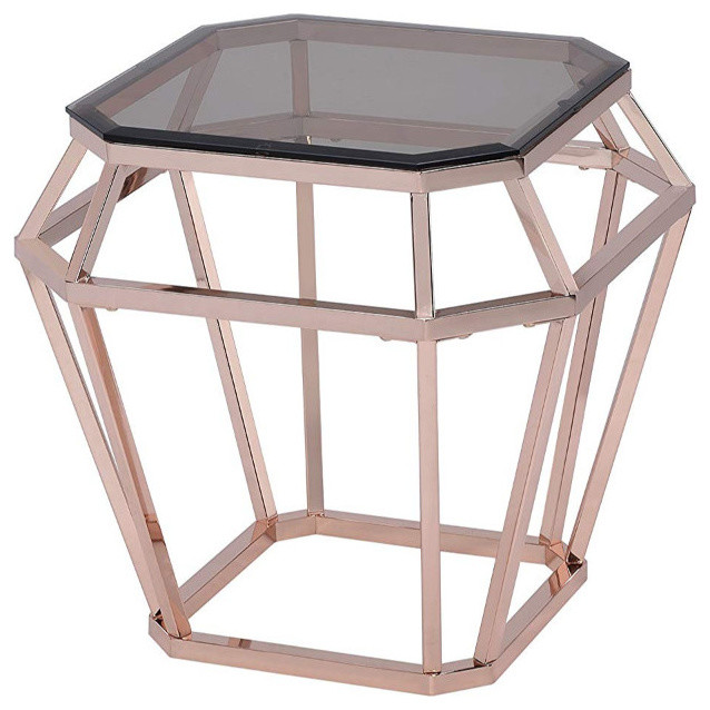 Octagon Shaped Glass End Table With Geometric Metal Base, Copper ...