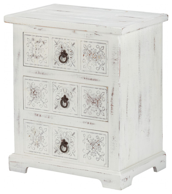 Distressed White Wooden Carved 3 Drawer Cabinet - Farmhouse - Accent ...