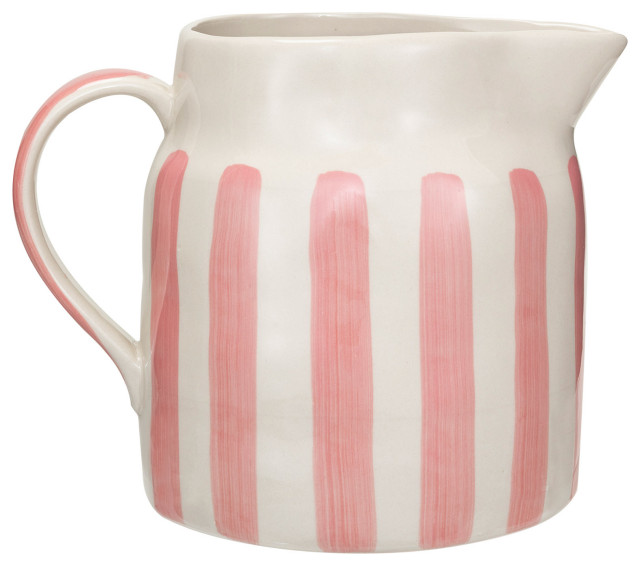 Hand-Painted Stoneware Pitcher With Wax Relief Stripes, Pink ...