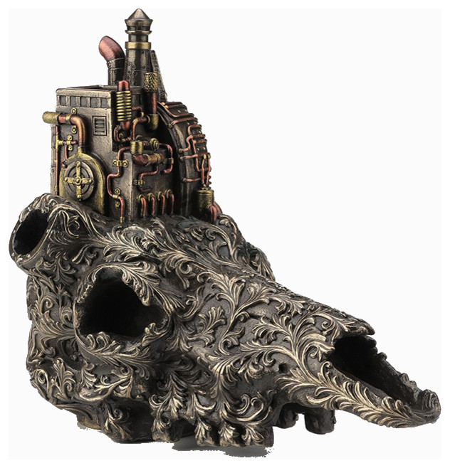Steampunk Machinarium On Top of Decorated Skull, Myth and Legend Statue ...