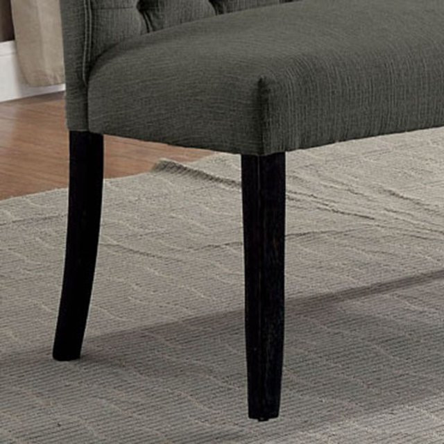 Transitional Gray Tufted Dining Bench with Scrolled Back and Black Legs ...