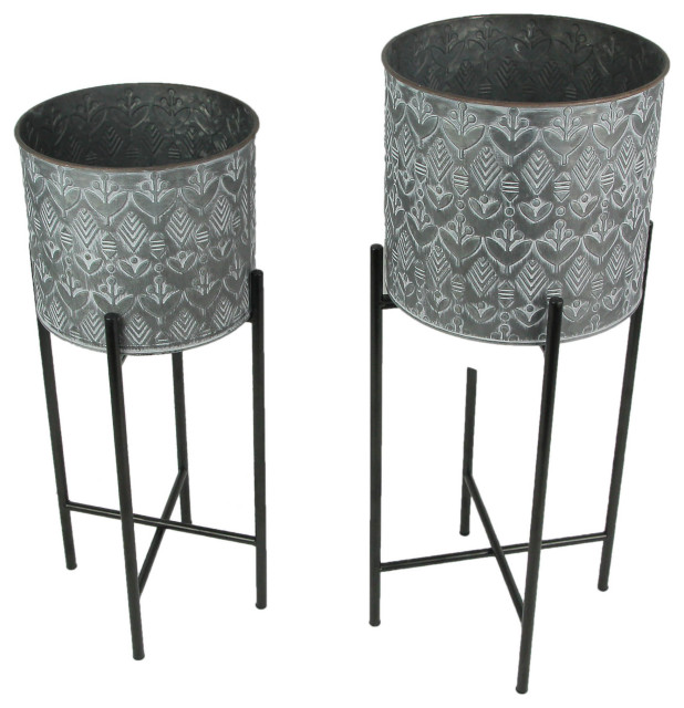 Set of 2 Galvanized Metal Planters With Stands Rustic Flower Pot Garden ...