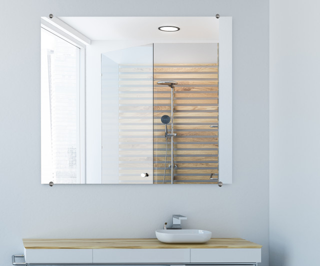 Modern Rustic Frameless Rectangular Wall Mirror, Chrome Round Clips ...