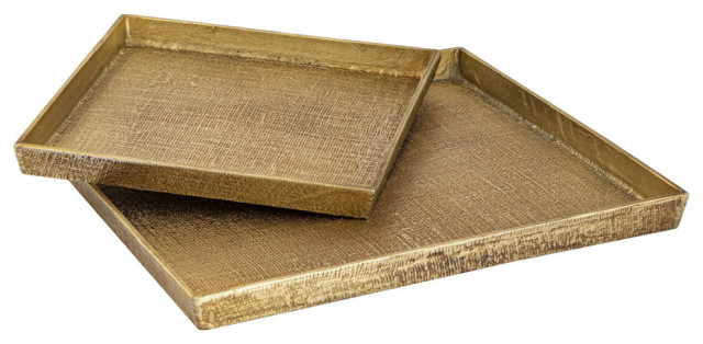 Square Linen Texture Tray Set of 2 Brass - Contemporary - Decorative ...