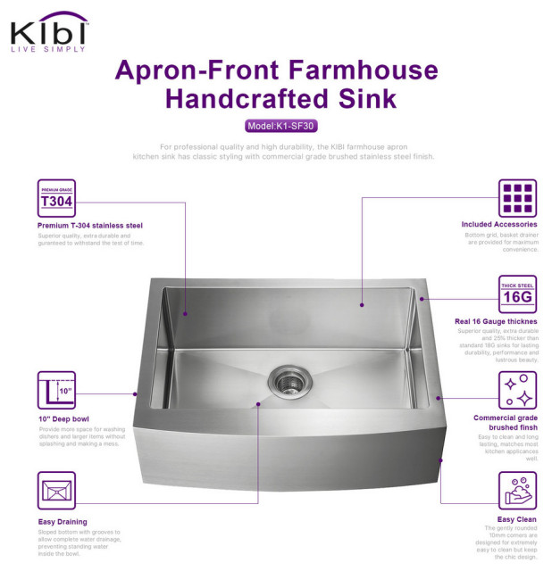 KIBI Handcrafted Farmhouse Apron Single Bowl Stainless Steel Kitchen ...
