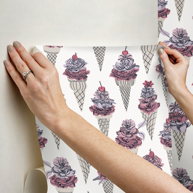 Pink Floral Ice Cream Peel and Stick Wallpaper, Swatch - Contemporary ...