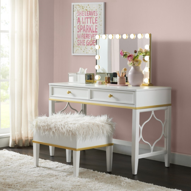 Emma Vanity With Mirror and Stool, White and Gold - Contemporary ...