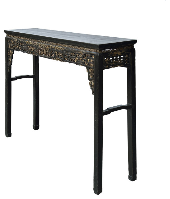 Chinese Vintage Black Golden Carving Motif Tall Altar Console Table ...