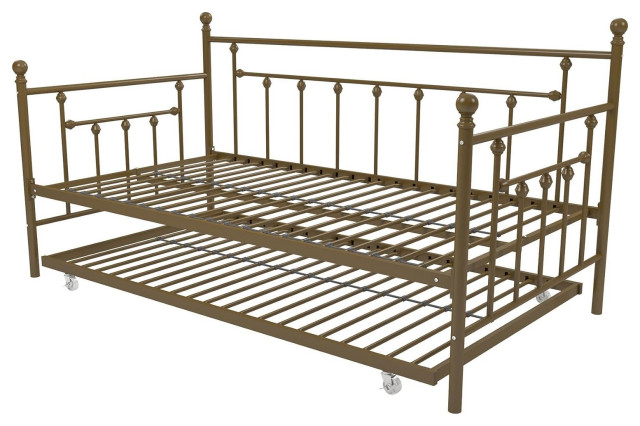 Gold Metal Twin Daybed with Trundle, Slatted Headboard, Armrest ...