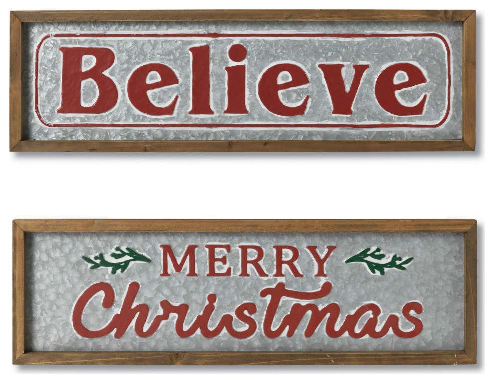 Set of 2 6-in L Wood & Metal Holiday Wall Sign - Farmhouse - Holiday ...