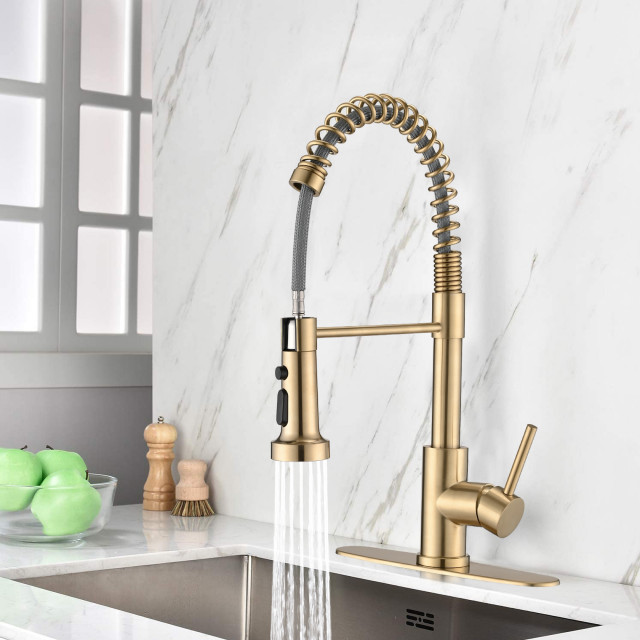 Single Handle Pull-down Kitchen Faucet with Deck Plate Brushd Gold ...