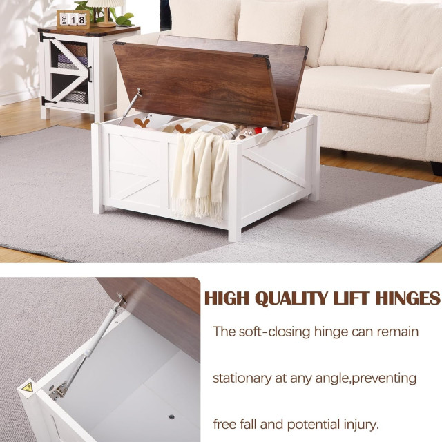 Farmhouse Coffee Table, Hinged Lift Up Top & Hidden Storage Compartment ...