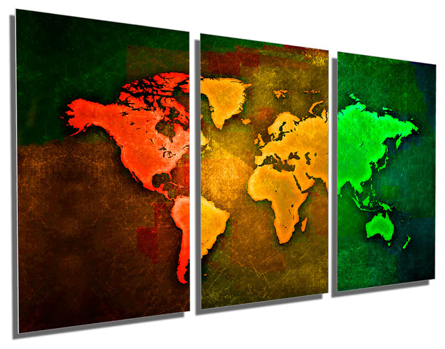 Pop Art World Map, Metal Print Wall Art, 3 Panel Split, Triptych Wall ...