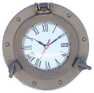 Decorative Ship Porthole Clock, Antique Brass, 8" - Beach Style - Wall ...