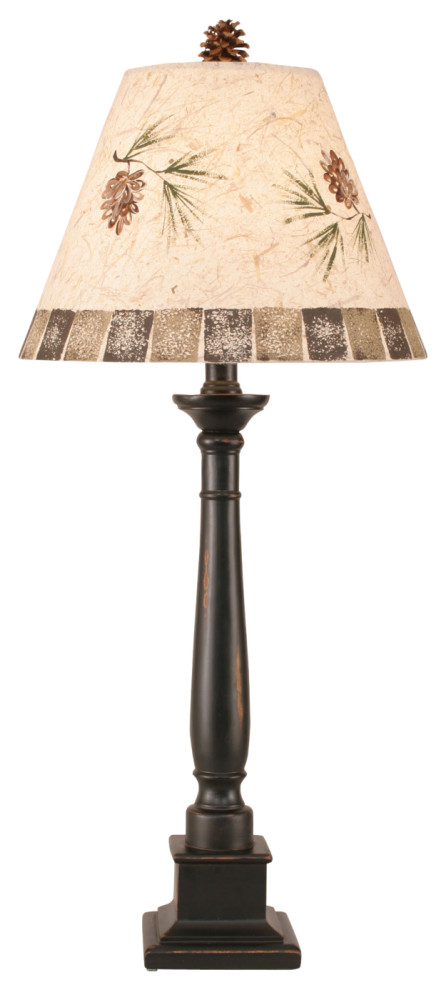 Distressed Black Square Candlestick Table Lamp With Pinecone Shade ...