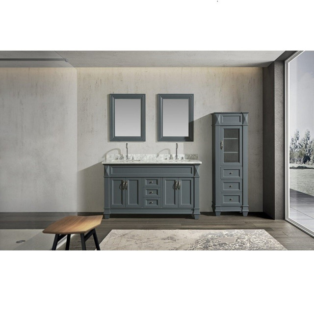 Hudson 61" Gray Vanity With Carrara Marble Top and 65" Linen Cabinet ...