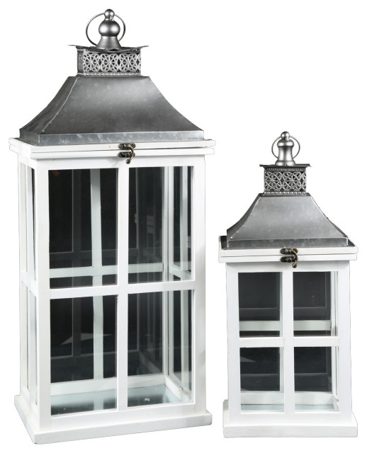 Wooden Rectangular Lantern with Metal Top, Set of Two, White and Silver ...