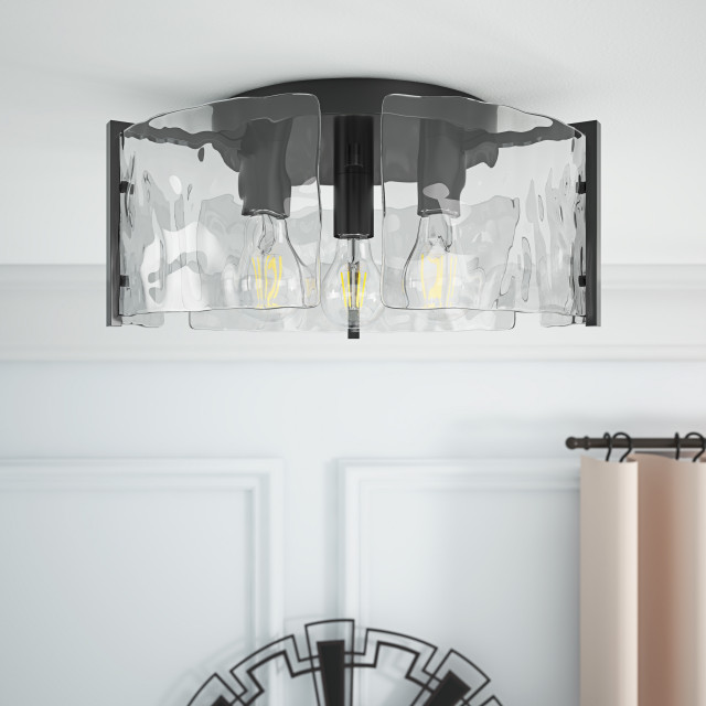 Modern Black Metal Flush Mount Ceiling Light with Curved Water Glass ...