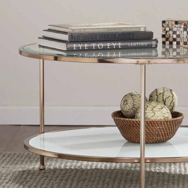Glam Coffee Table, Gold Frame With Round Beveled Glass Top & Opaque ...