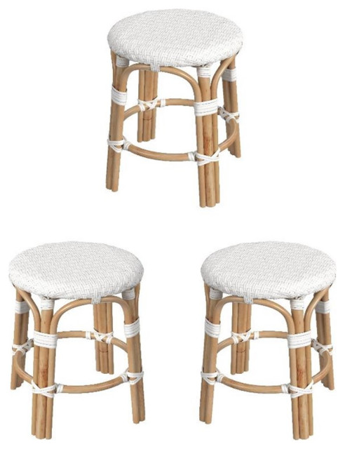 Home Square 18" Rattan Round Bar Stool in White Finish - Set of 3 ...