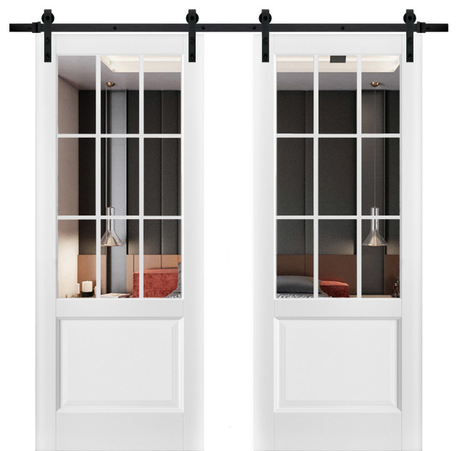 Double Barn Door, Felicia 3599 White & Clear Glass, 13' Rail, 64"x80 ...