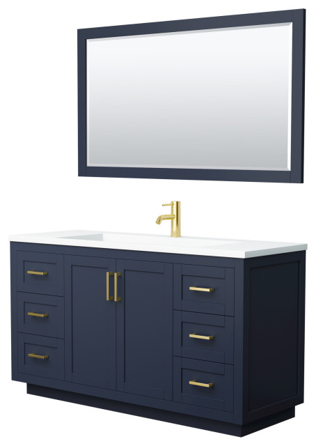 Miranda 60" Dark Blue Single Vanity, 1.25" White Top, Gold Trim, 58 ...