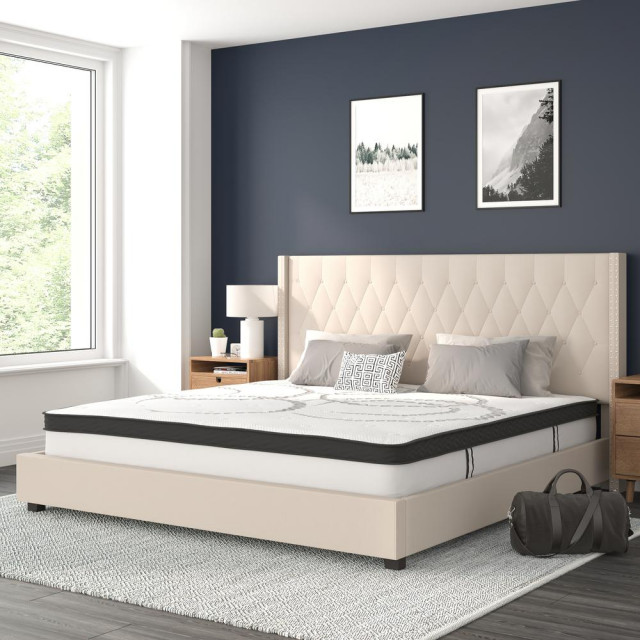 Riverdale King Size Tufted Upholstered Platform Bed in Beige Fabric ...
