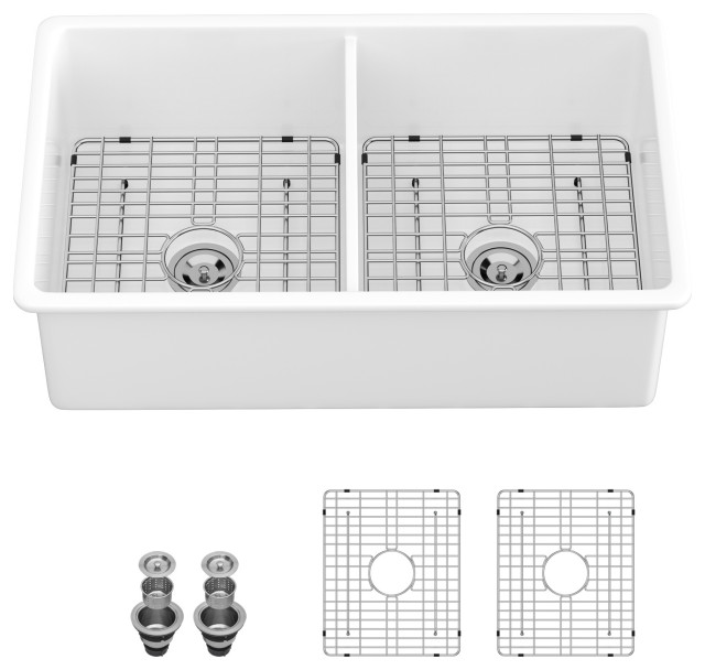 White Farmhouse Undermount Ceramic Kitchen Sink Double Bowl Porcelain ...