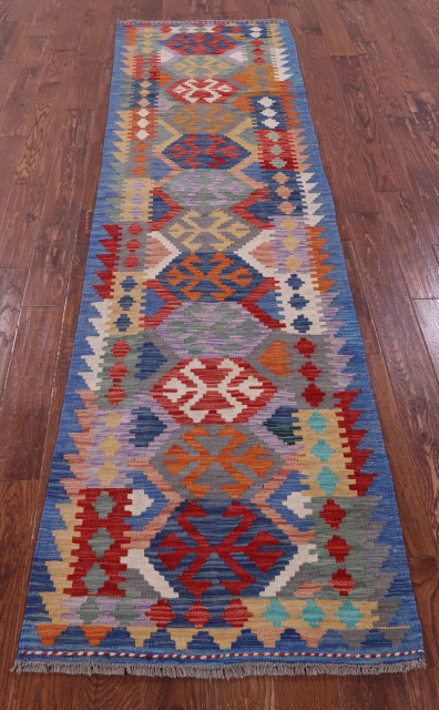 Reversible Kilim Flat Weave Wool On Wool Runner Rug 2' 7" X 9' 6 ...
