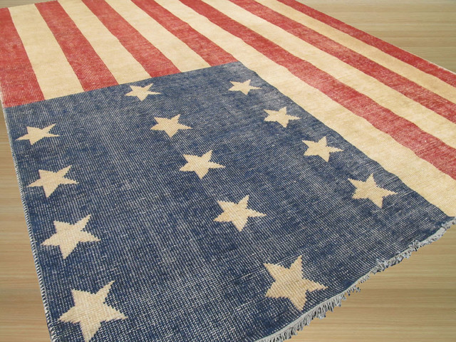 Hand-Knotted Wool Red Casual Flag American Flag Rug, Rectangular 8'x10 ...