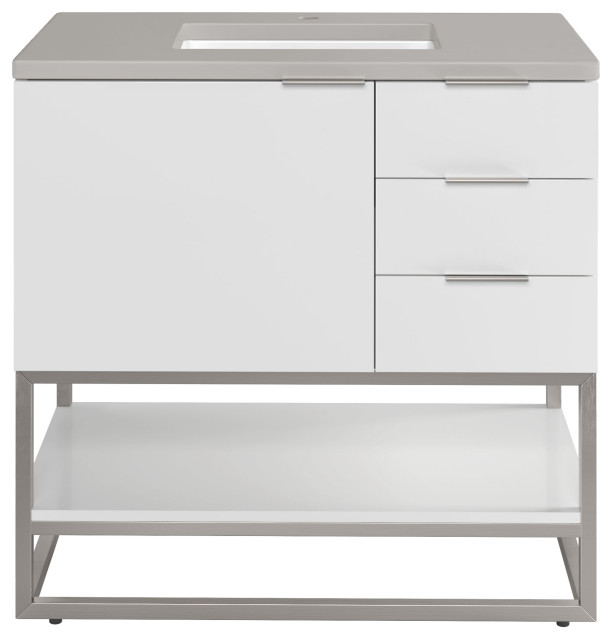 Brenlyn Vanity, Glossy White With Pietra Grey Quartz Top, 36 in ...