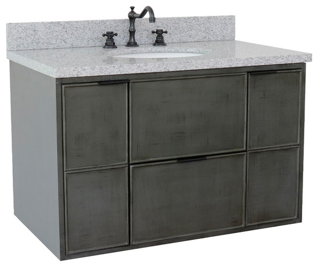 37" Single Wall Mount Vanity, Linen Gray Finish With Gray Granite Top ...
