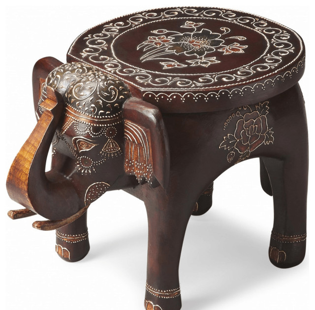 15" Warm Brown Hand Painted Floral 3D Elephant End Table ...