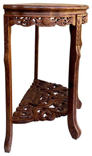 Chinese Brown Flower Carving Wood 2 Half Side Round Pedestal Table ...