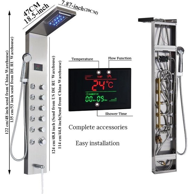 Brushed Nickel LED Shower Panel With Massage Jets Waterfall Rainfall ...